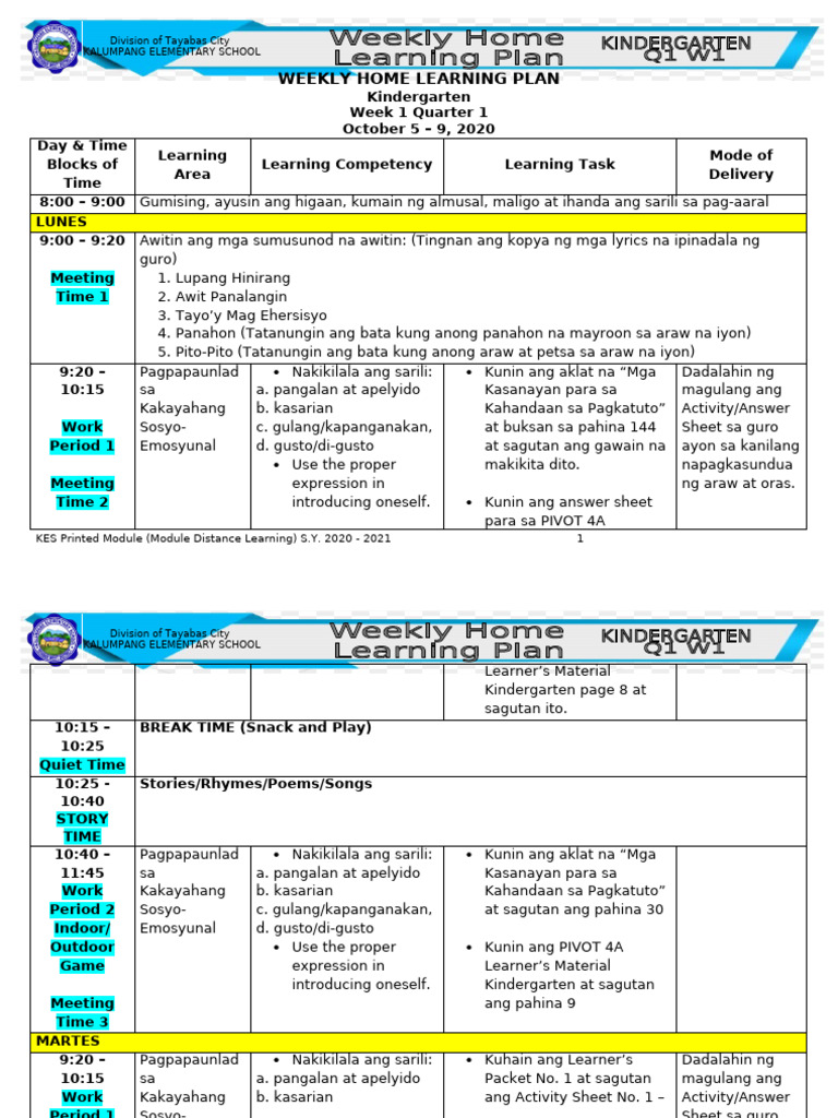 WHLP A4 KINDERGARTEN Q1 WK1 Ahs | PDF