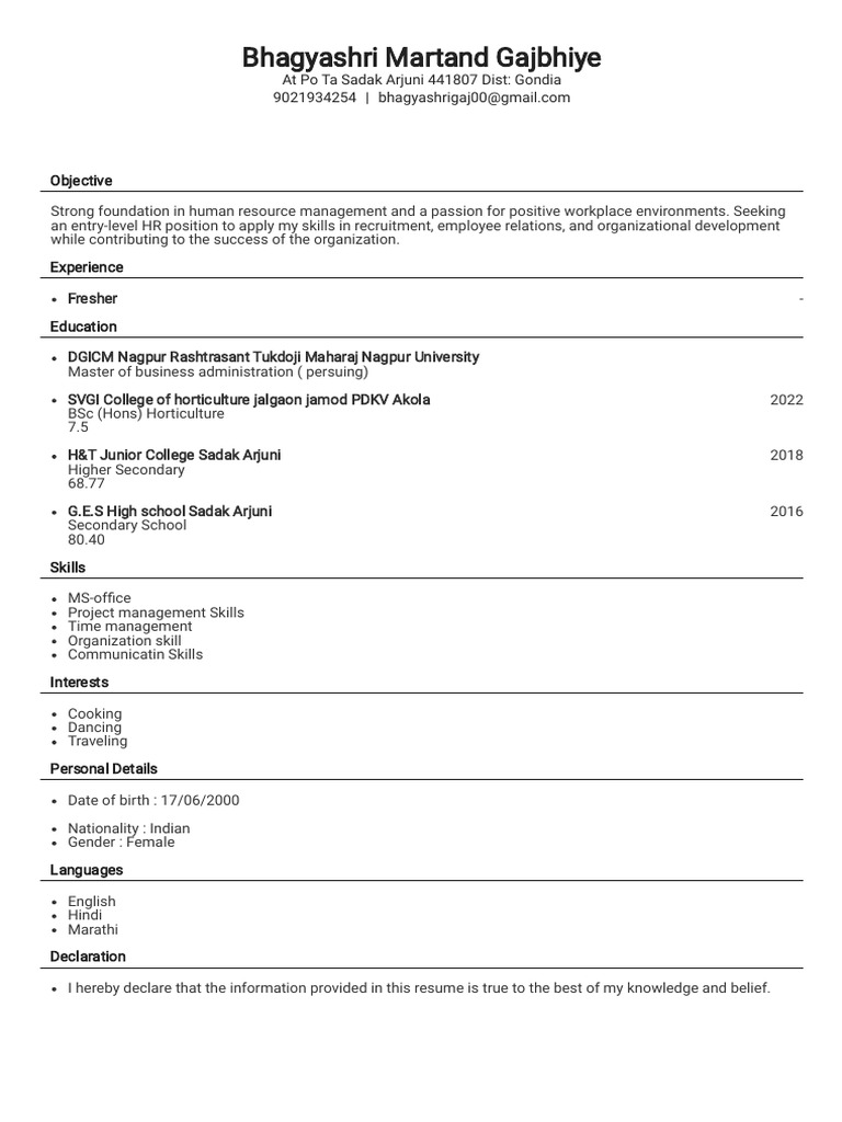 Entry-Level HR Resume of Bhagyashri Gajbhiye | PDF