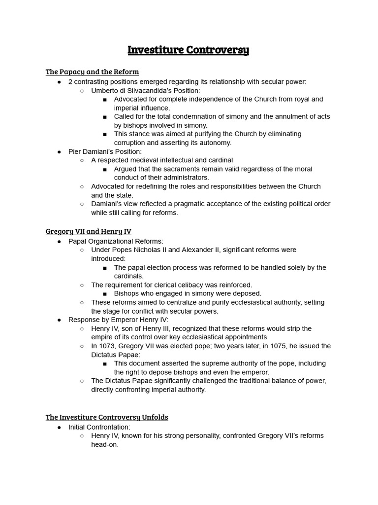 The Investiture Controversy Explained | PDF | Pope | Catholic Church