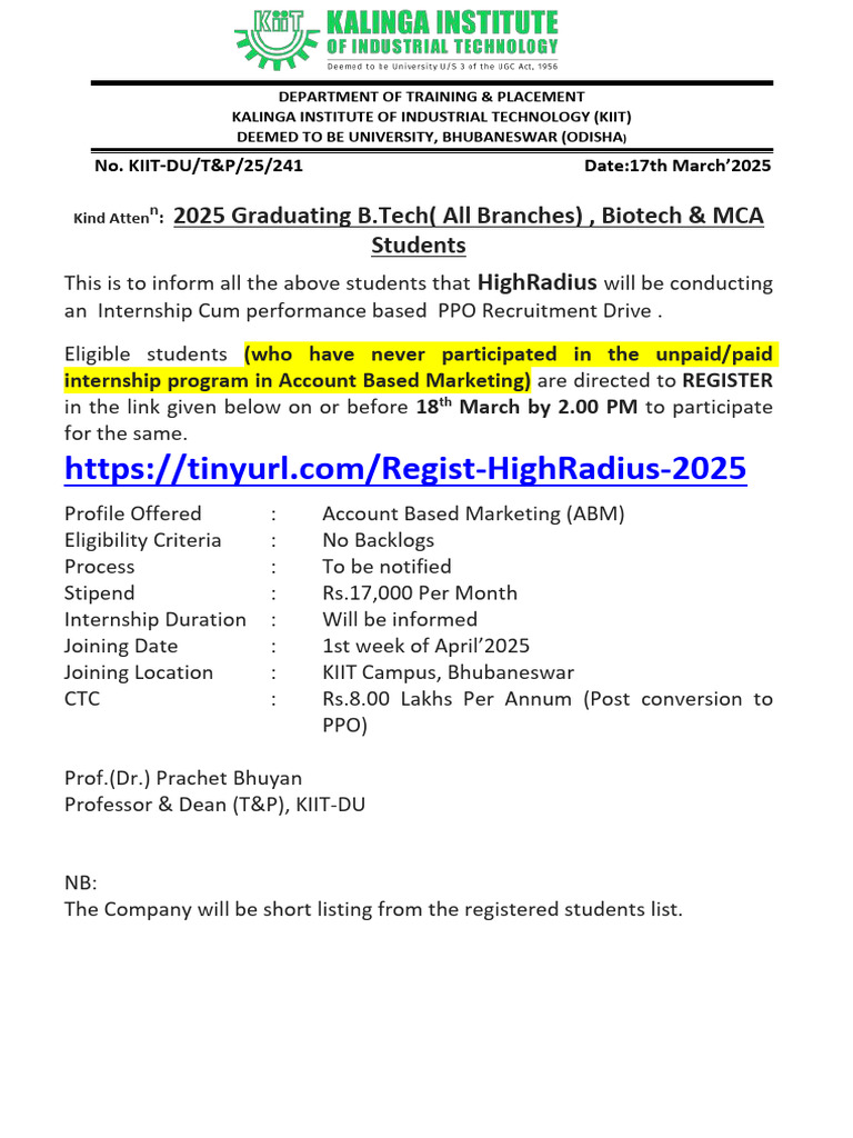 HighRadius Internship Opportunity at KIIT | PDF