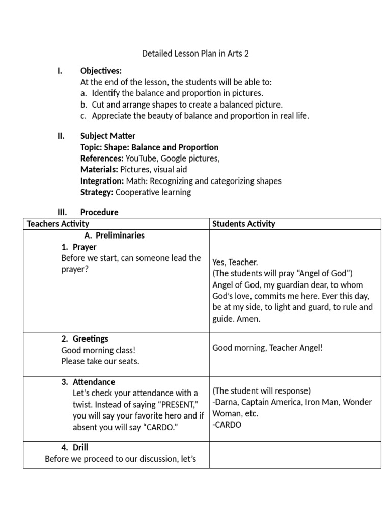 Lesson Plan: Balance and Proportion in Art | PDF | Lesson Plan | Learning