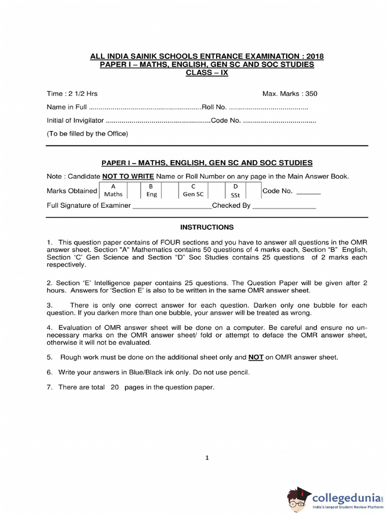 AISSEE_2018_Question_Paper_Class_9_Paper_1 ...