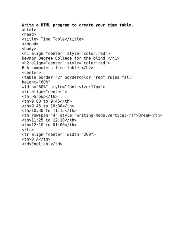 Write A HTML Program To Create Your Time Table | PDF
