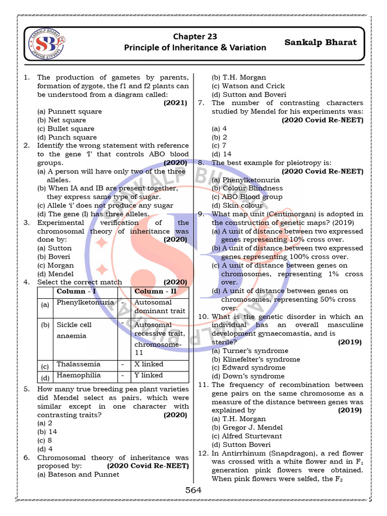 Principle of Inheritance of Variation PYQs - 2880 - 1704169973130 | PDF | Dominance (Genetics ...