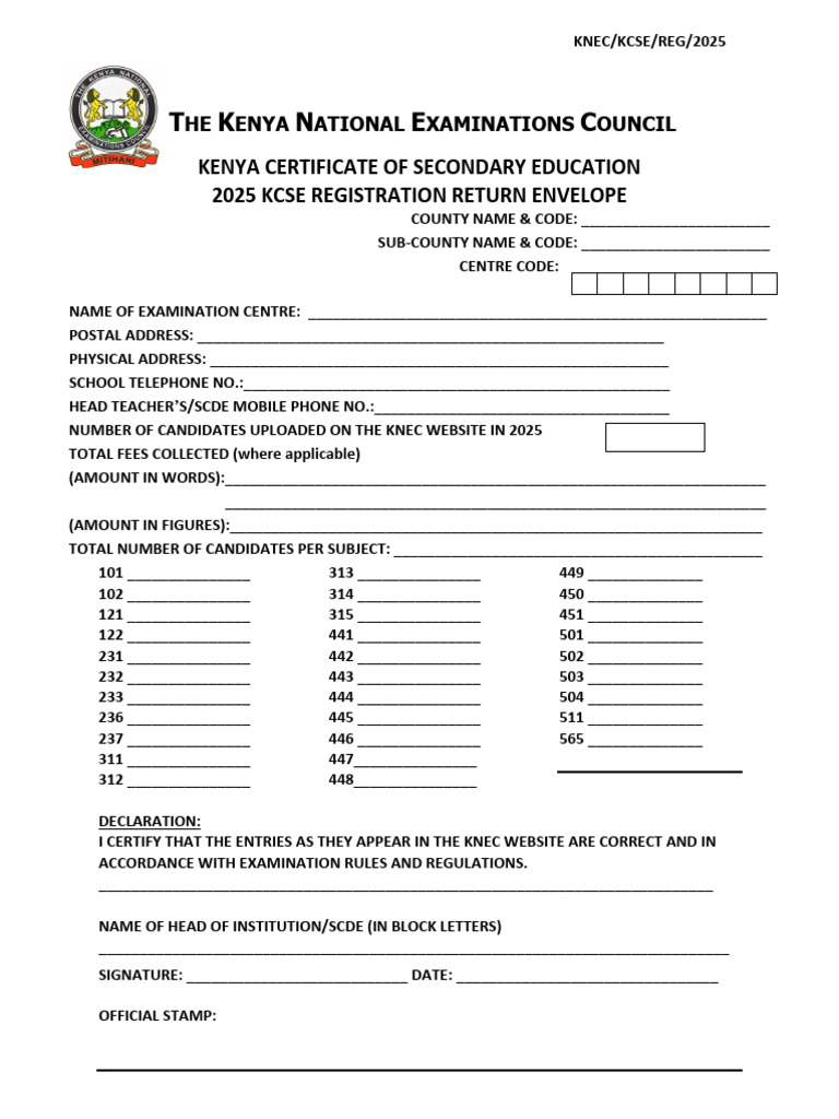 2025 Kcse Registration Return Envelops 1 2 | PDF | Written Communication