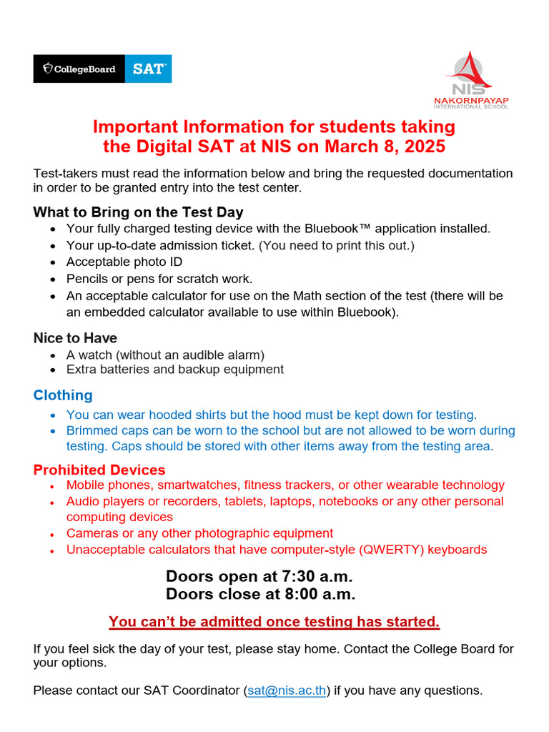 Digital SAT Test Day Guidelines NIS | PDF