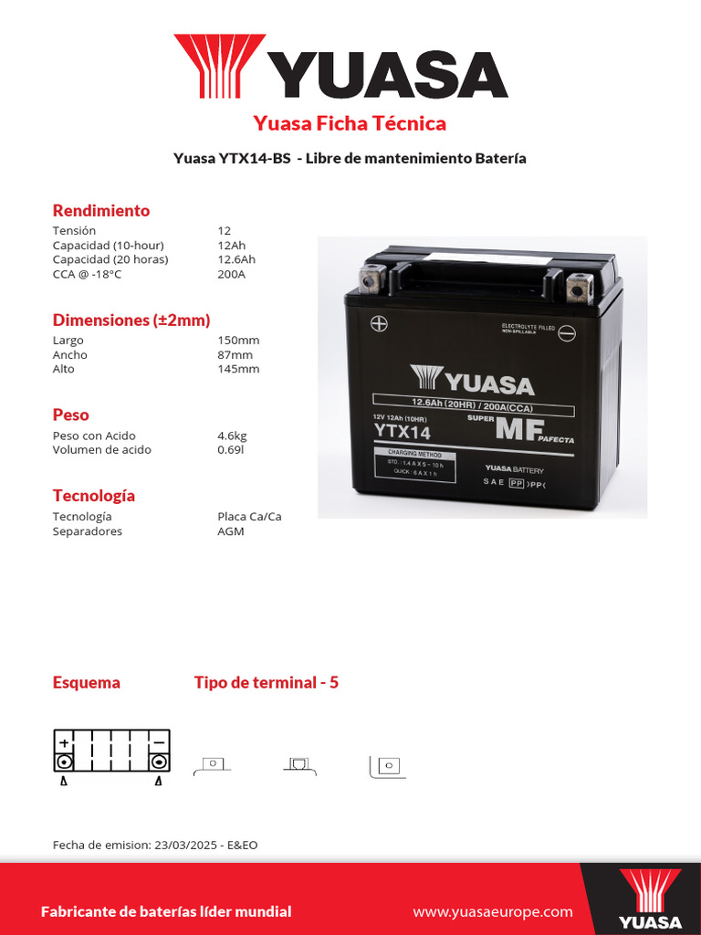 Batería Yuasa YTX14-BS Especificaciones | PDF