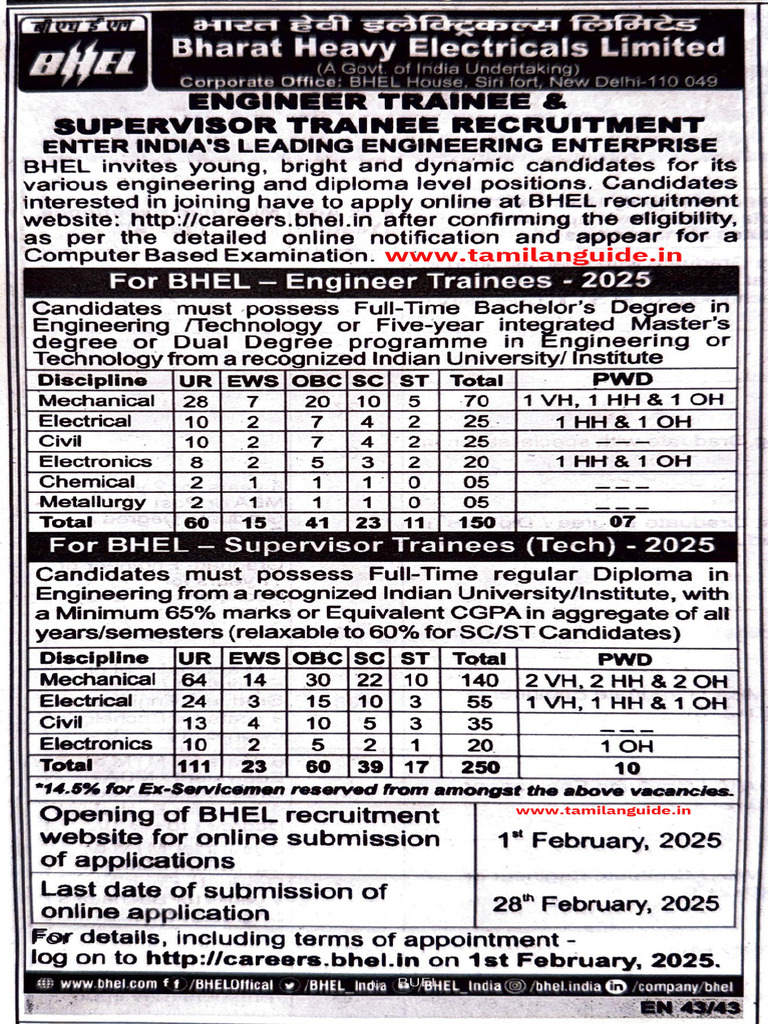 BHEL Recruitment 2025 400 Engineer Trainee Posts.pdf 1 | PDF