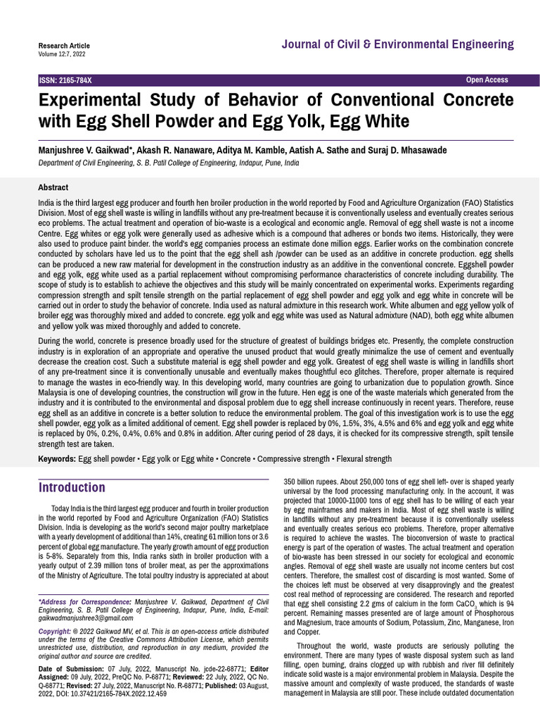 Experimental Study of Behavior of Conventional Concrete With Egg Shell ...