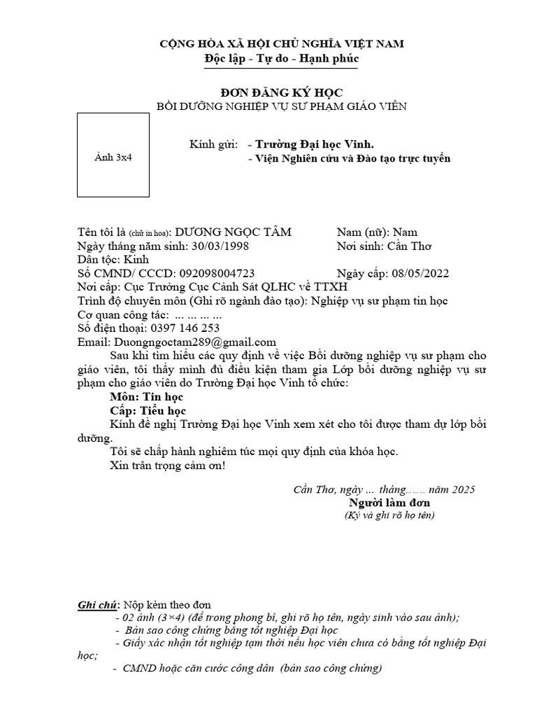 Mẫu Đơn Đăng Ký Học NVSP - 1,2,3 (ĐHV) | PDF
