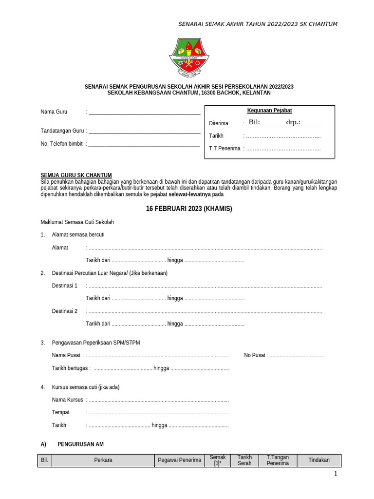 Senarai Semak Akhir Tahun Persekolahan SKC 2022 | PDF