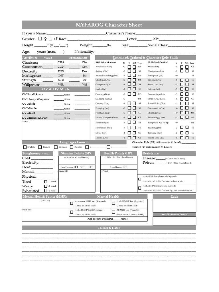 Myfarog - The Coming Fillable Character Sheet | PDF