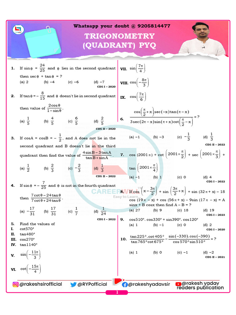Trigonometry PYQ Class (Sheet) - 3 (I) | PDF | Trigonometry | Triangle ...