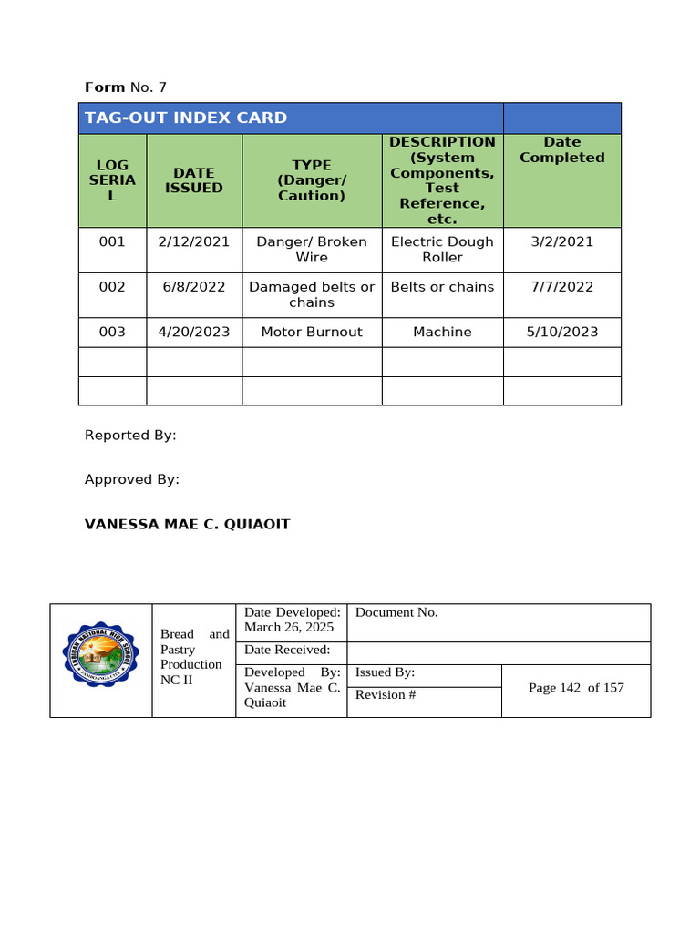 Tag-Out Index Card | PDF