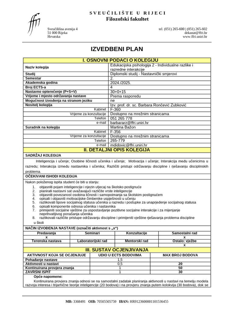 Izvedbeni Plan - Edukacijska Psihologija 2 2024 - 25 Sastavnice | PDF