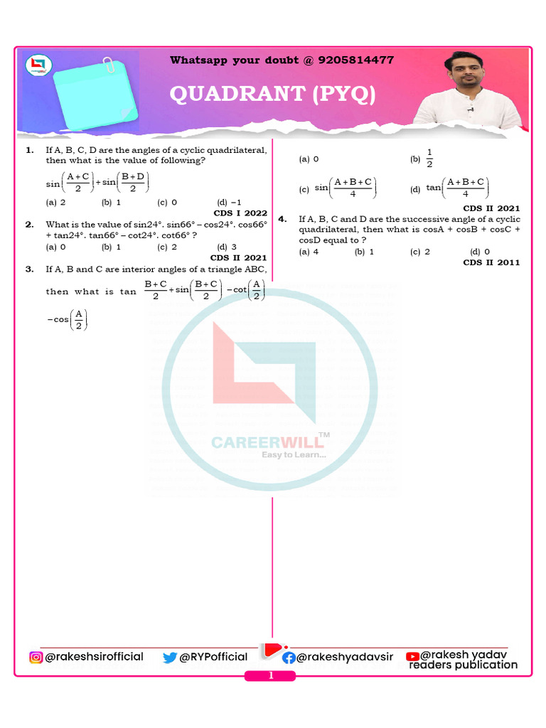 Trigonometry PYQ Class(Sheet)- 4 | PDF | Trigonometry | Classical Geometry