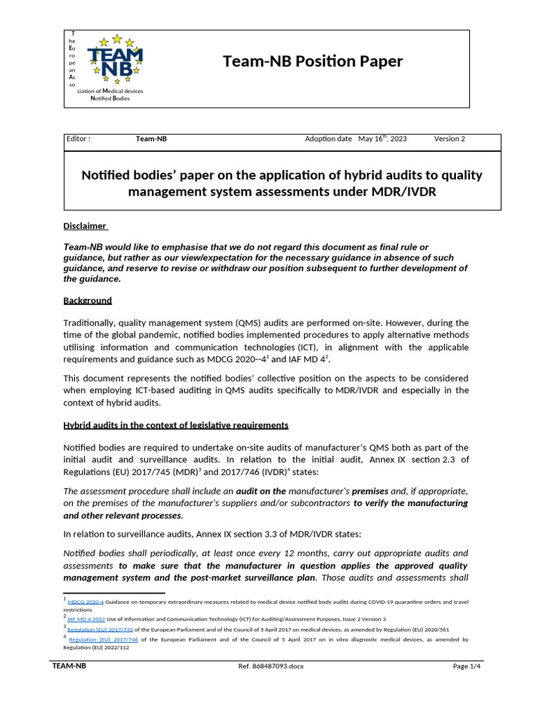 Team-NB-PositionPaper-HybridAudits-V2-20230516 | PDF | Audit | Medical Device