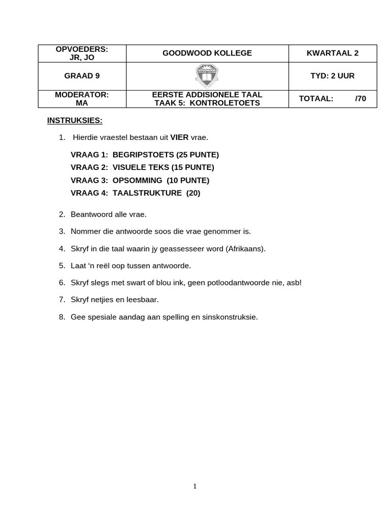 GR.9 EAT KW2 2022 TOETS | PDF