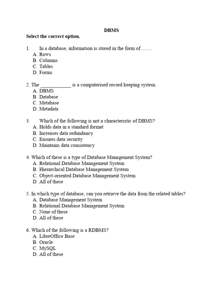 DBMS MCQ Practice Questions IT class 10 | PDF | Databases | Relational Database