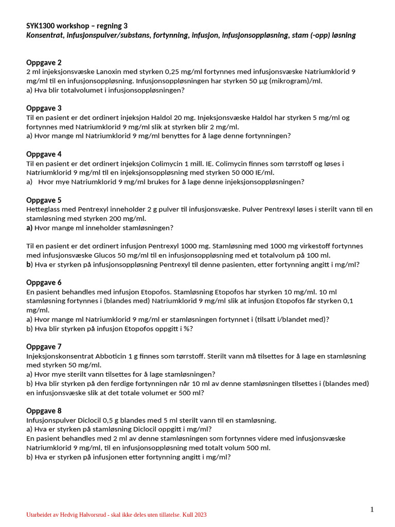 SYK1300 Workshop Regning 3 Oppgaver 2023-2 | PDF