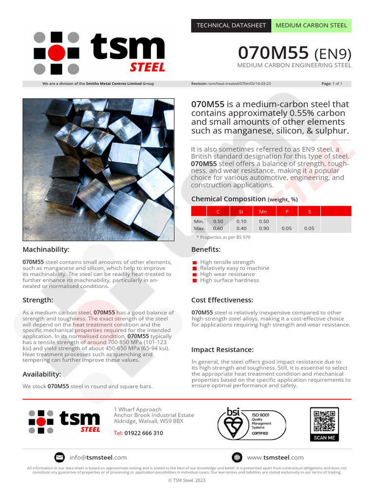 070M55 Medium Carbon Steel Overview | PDF | Steel | Heat Treating