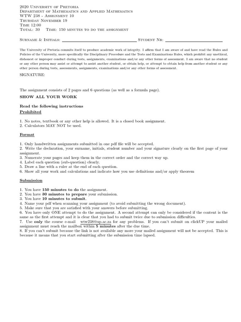 UP WTW 238 Assignment 10 Guide | PDF | Mathematics