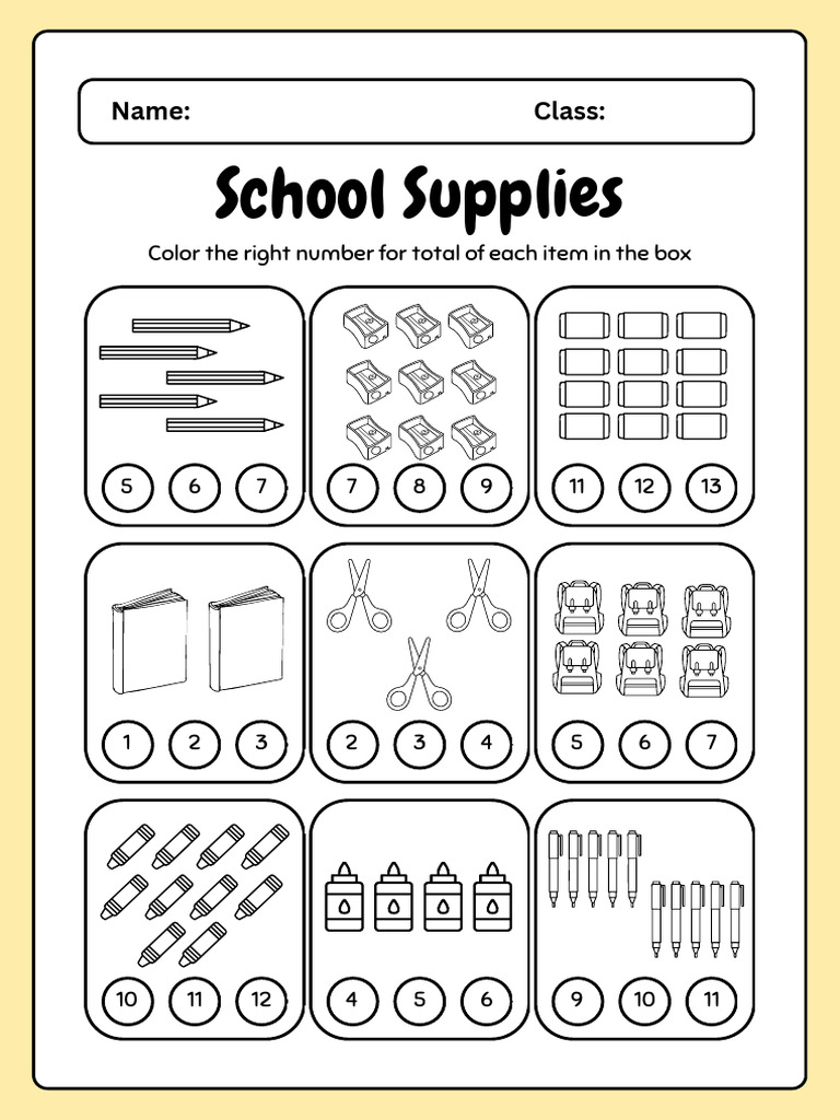School Supplies Number Coloring Activity | PDF
