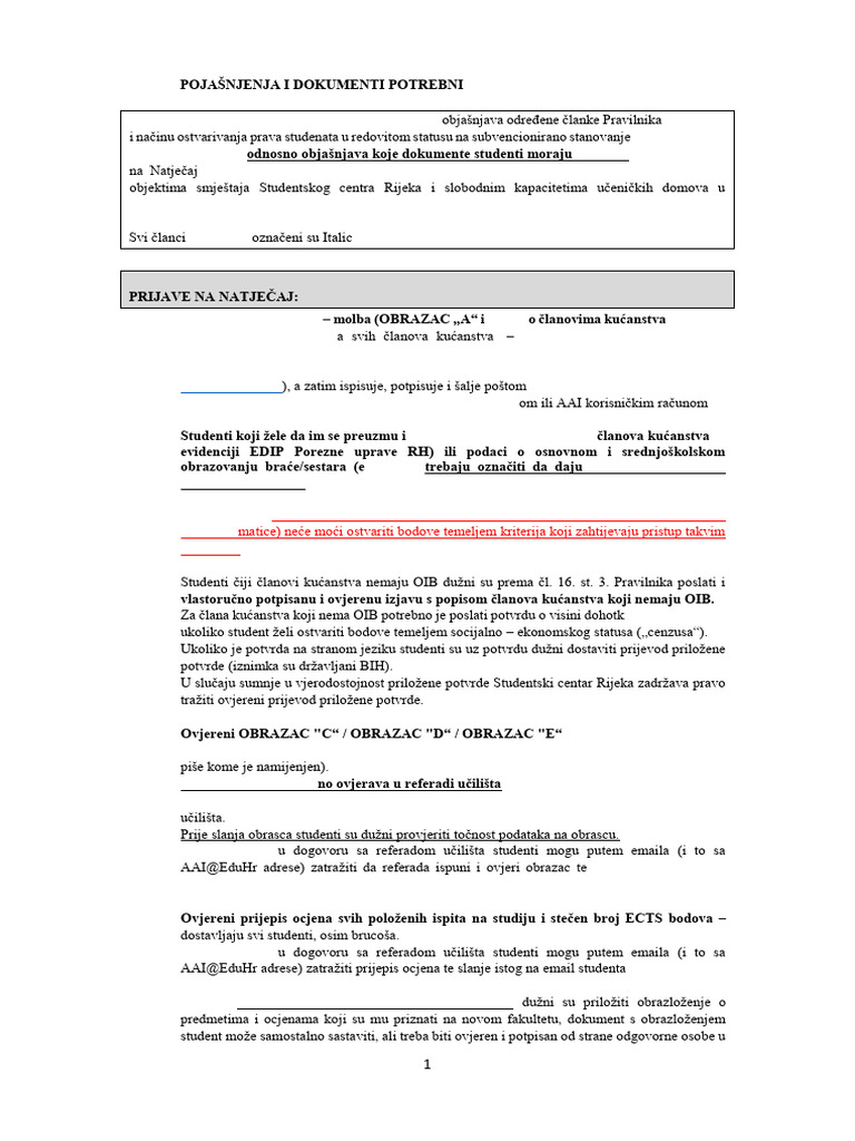 Pojanjenja I Dokumenti Potrebni Za Ostvarivanje Bodova | PDF