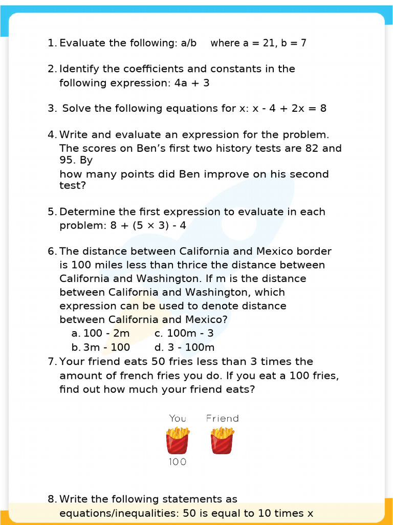 Hostel Worksheet - Algebra-Grade6 | PDF