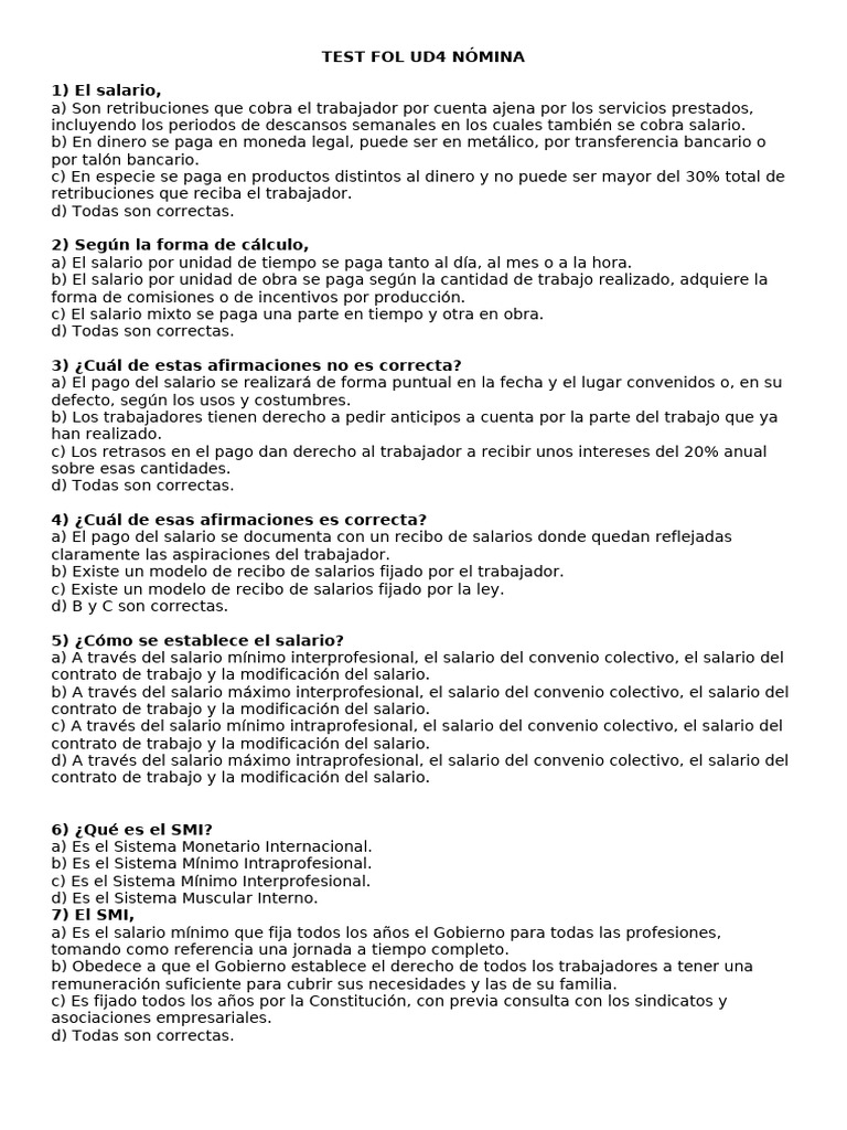 REPASO FOL UD4 TEST | PDF | Salario | Salario mínimo
