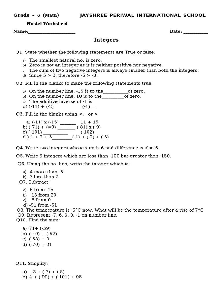 Grade 6 Integers | PDF
