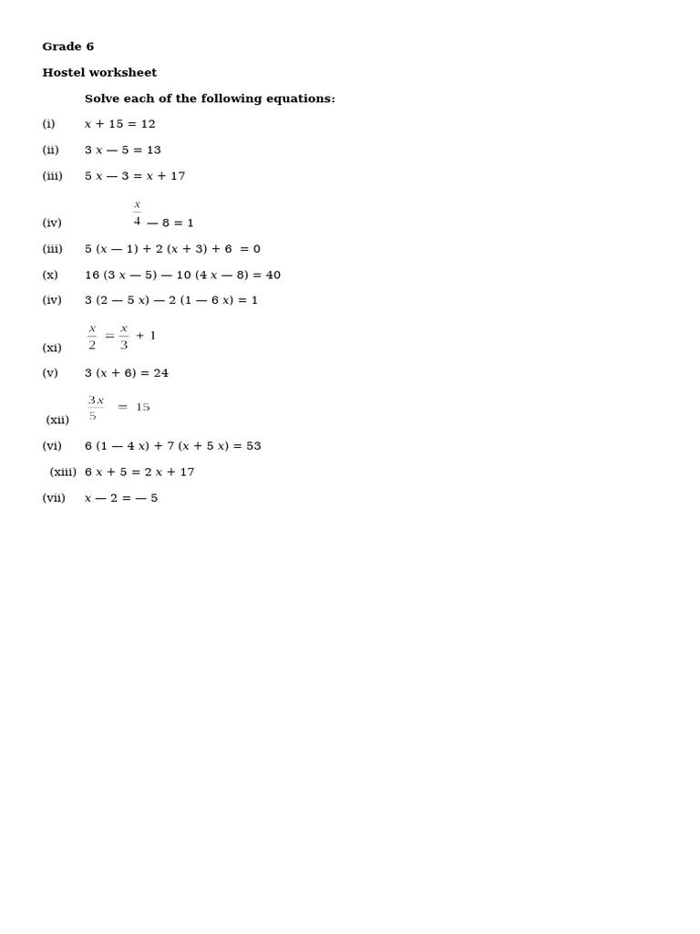 Grade 6 Hostel WS Linear Equations 1 | PDF