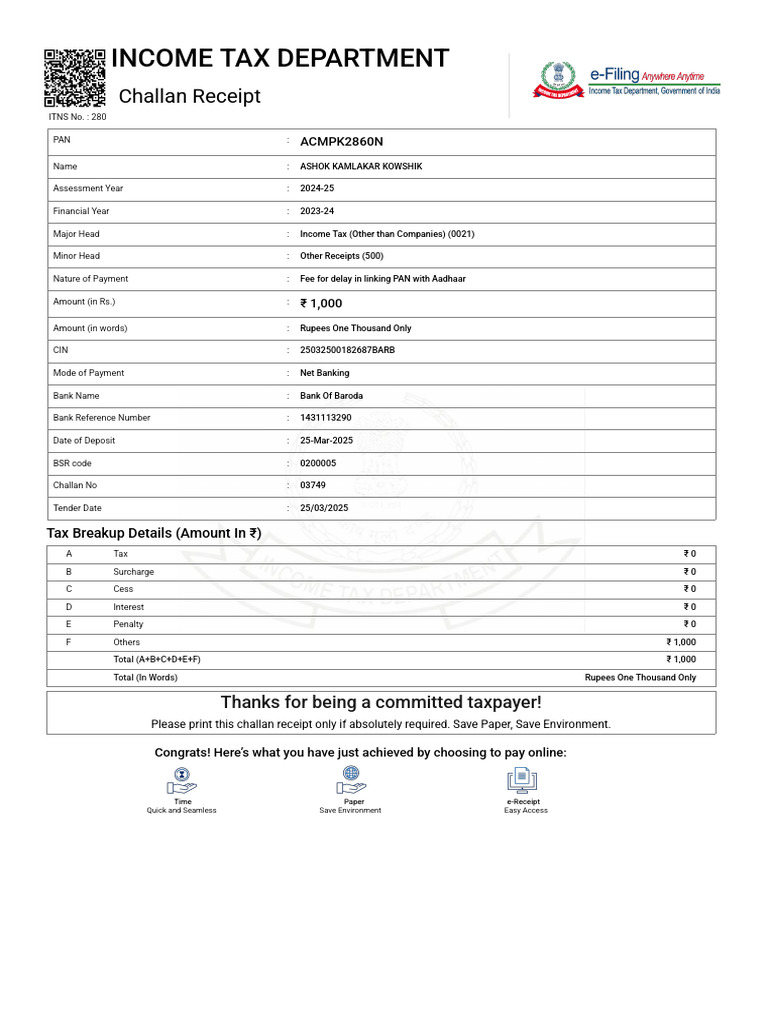 Income Tax Challan Receipt 2024-25 | PDF | Taxes | Money