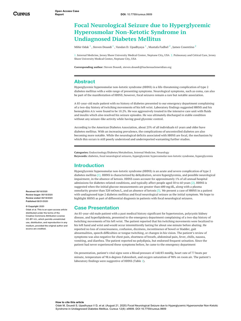 Hyperosmolar Hyperglycemic Nonketotic Syndrome (HHNS) | PDF ...