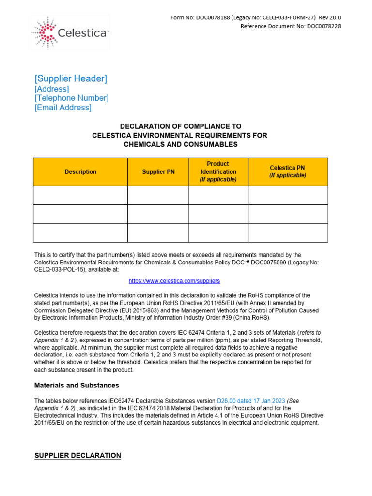 Celestica Supplier Compliance Declaration | PDF | Chemistry | Materials