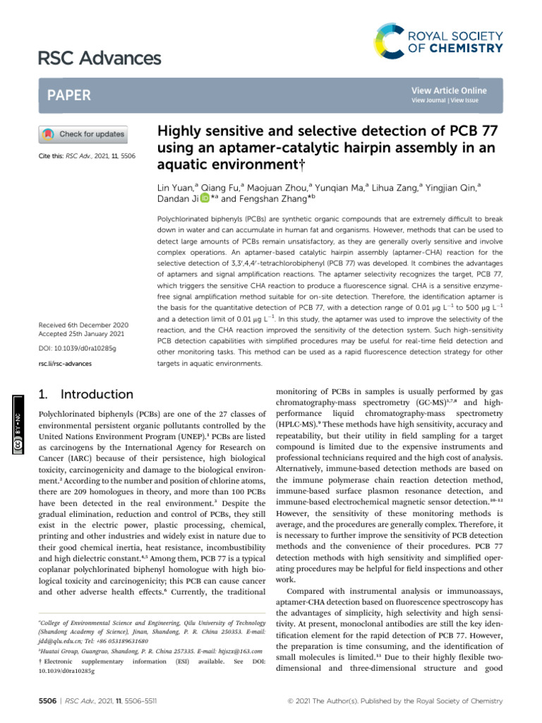 Highly sensitive and selective detection of PCB 77 using an aptamer ...
