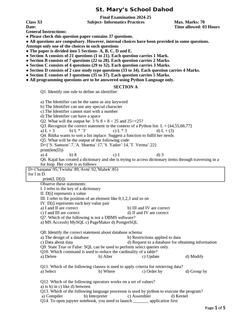Class XI Informatics Practices Exam 2024-25 | PDF | Computer ...