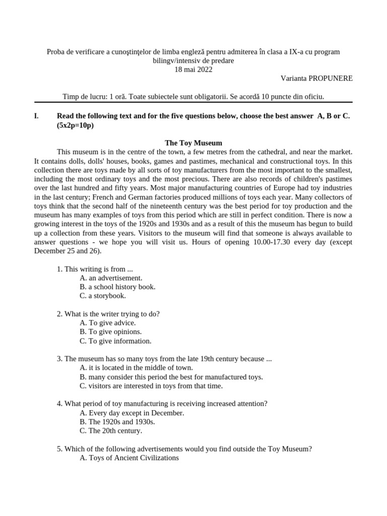 Propunere Subiect Admitere Bilingv 2022BT-1 | PDF | Physical Fitness