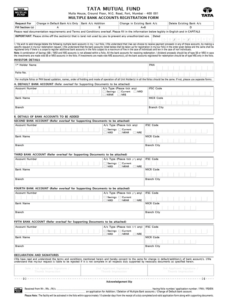 Tata Mutual Fund Bank Account Changes | PDF | Banks | Receipt