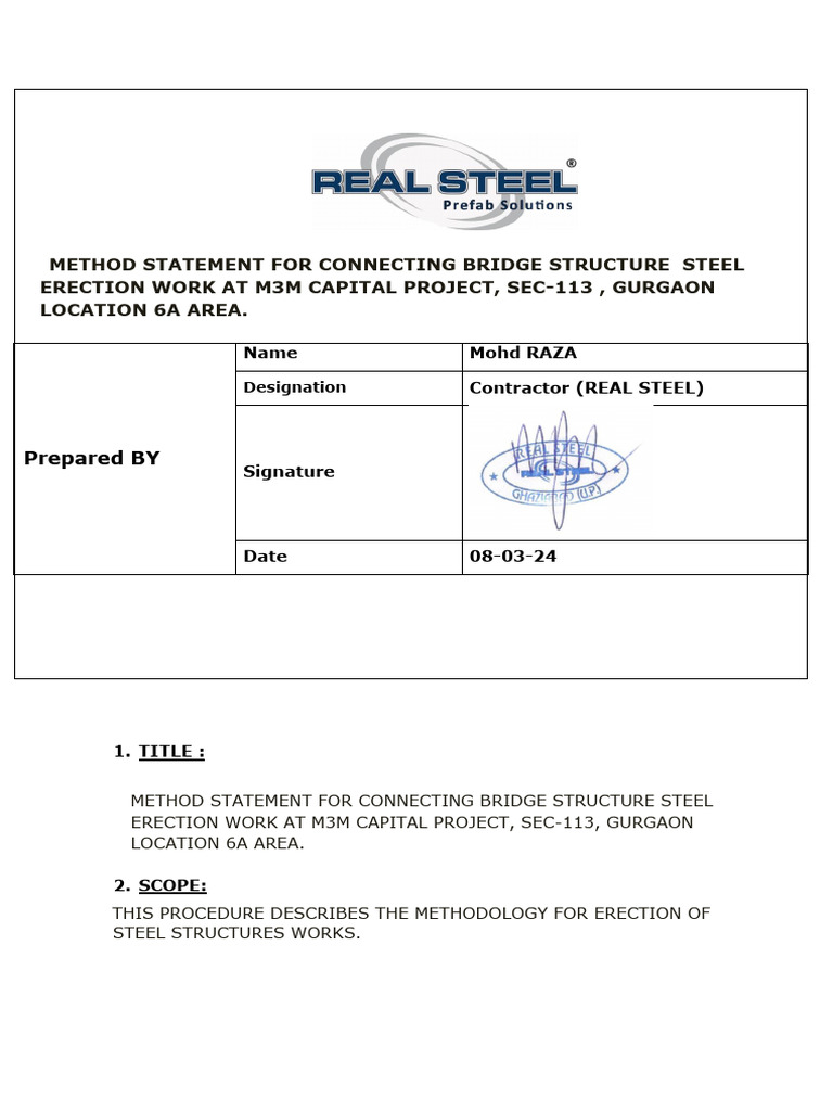 Method Statement For 6A Connecting Bridge Erection Work | PDF | Welding | Construction