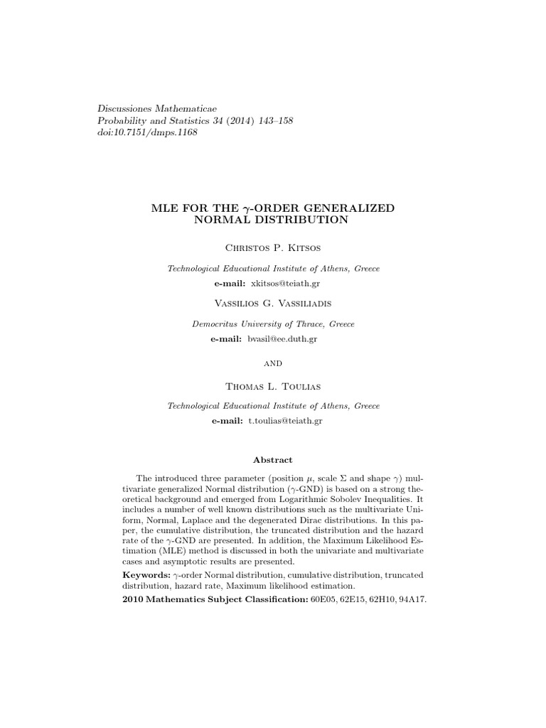 MLE for γ-Order Generalized Normal Distribution | PDF | Normal ...