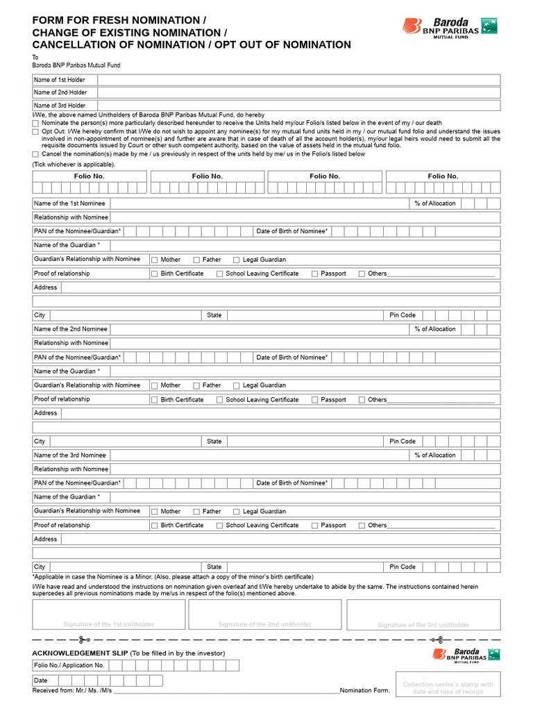 Baroda BNP Paribas Nomination Form | PDF | Government And Personhood