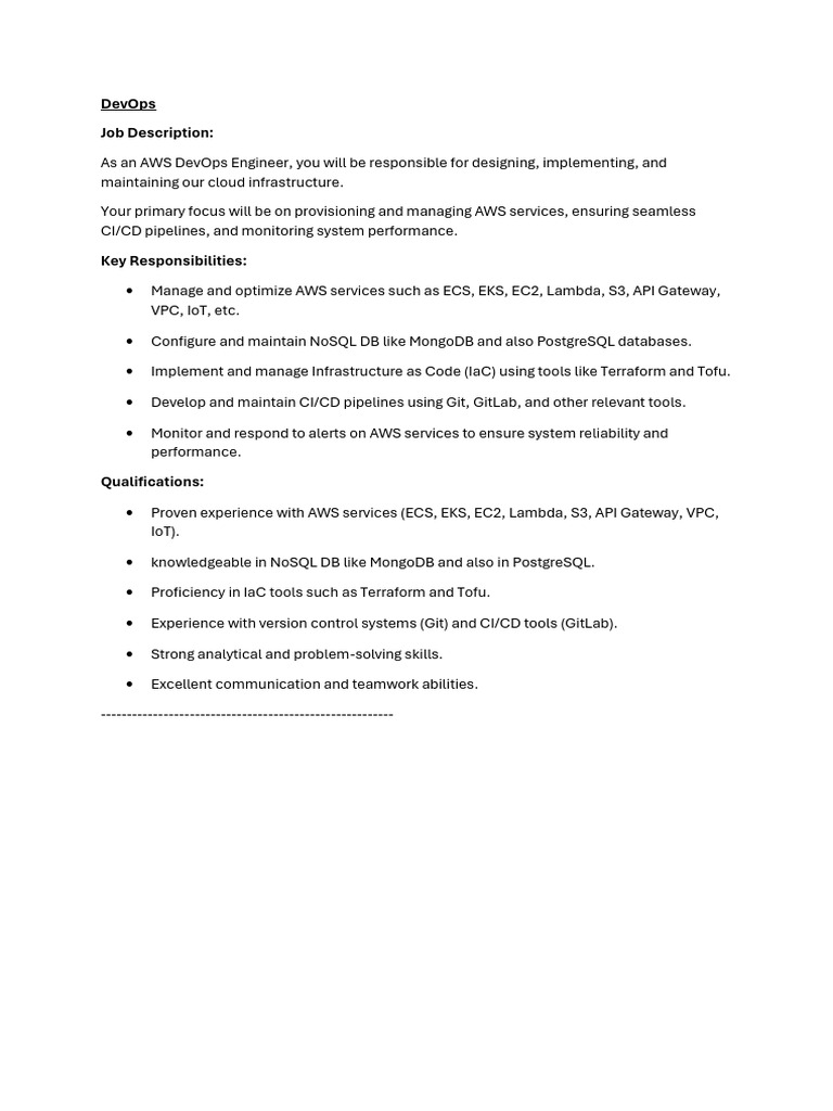 AWS DevOps Engineer Job Description | PDF | Amazon Web Services | Postgre Sql