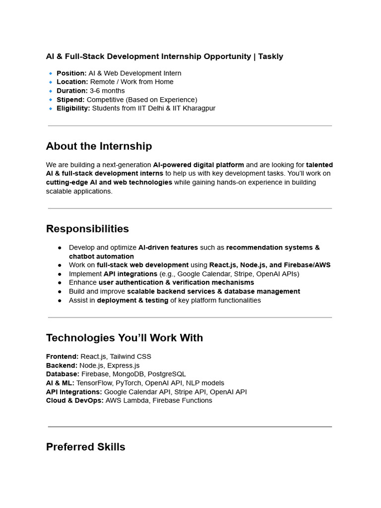 AI & Full-Stack Internship at Taskly | PDF
