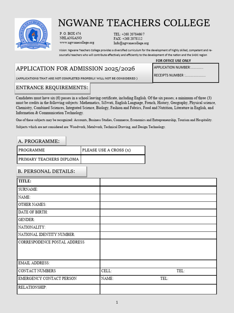 Ngwane Teachers College Application 2025 | PDF | Educational Stages