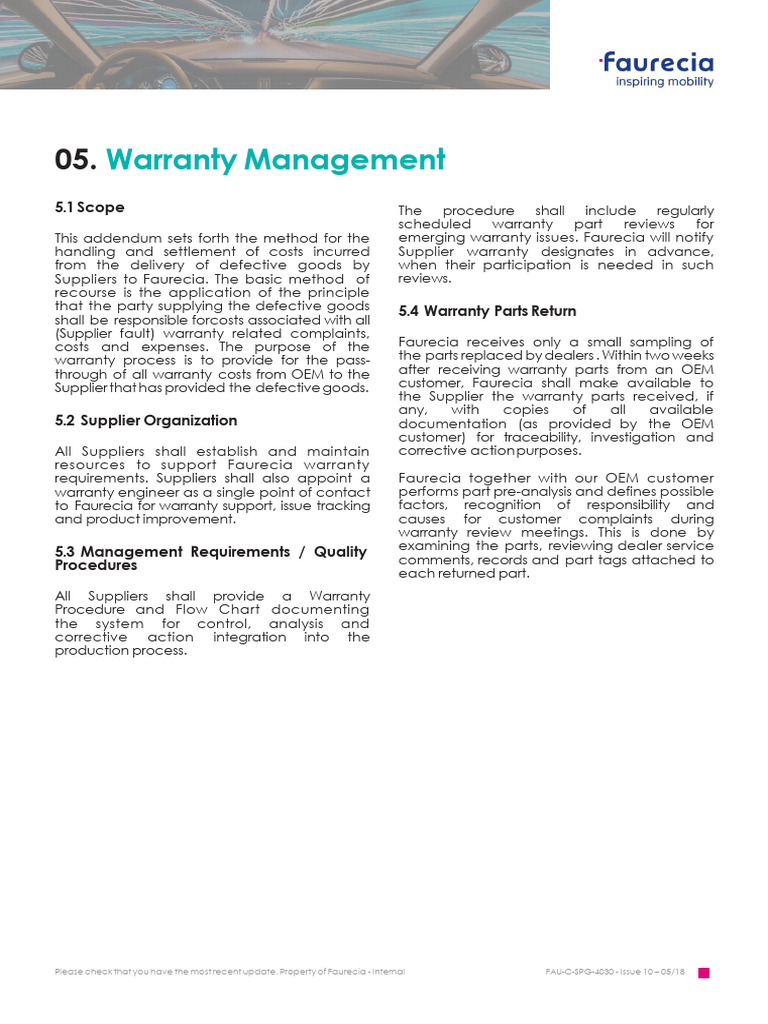 Faurecia Warranty Management Guidelines | PDF