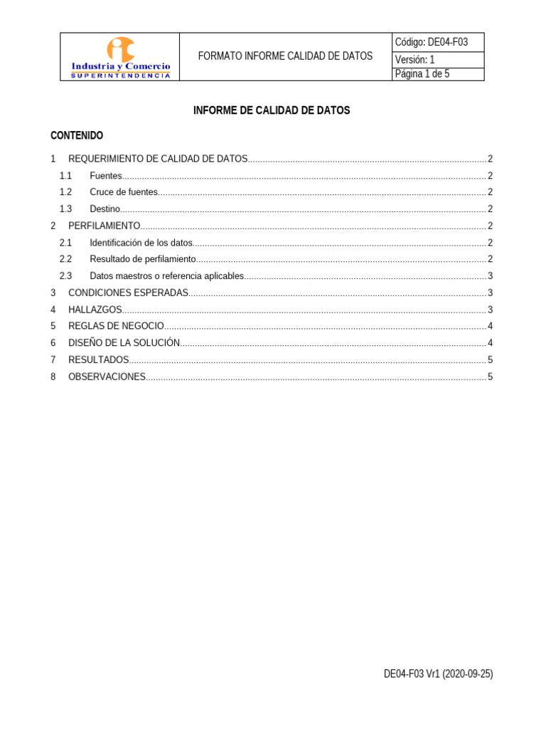 De04-F03 - v1 - Informe de Calidad de Datos | PDF | Datos | Bases de datos