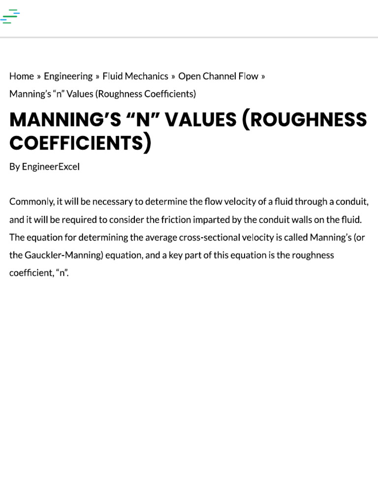 Manning's "N" Values (Roughness Coefficients) | PDF