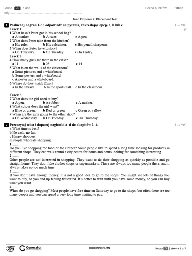 Teen Explorer 7 Placement Test | PDF