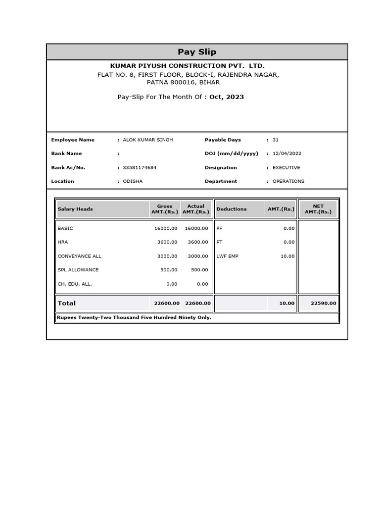 Monthly Salary Slip for October 2023 | PDF